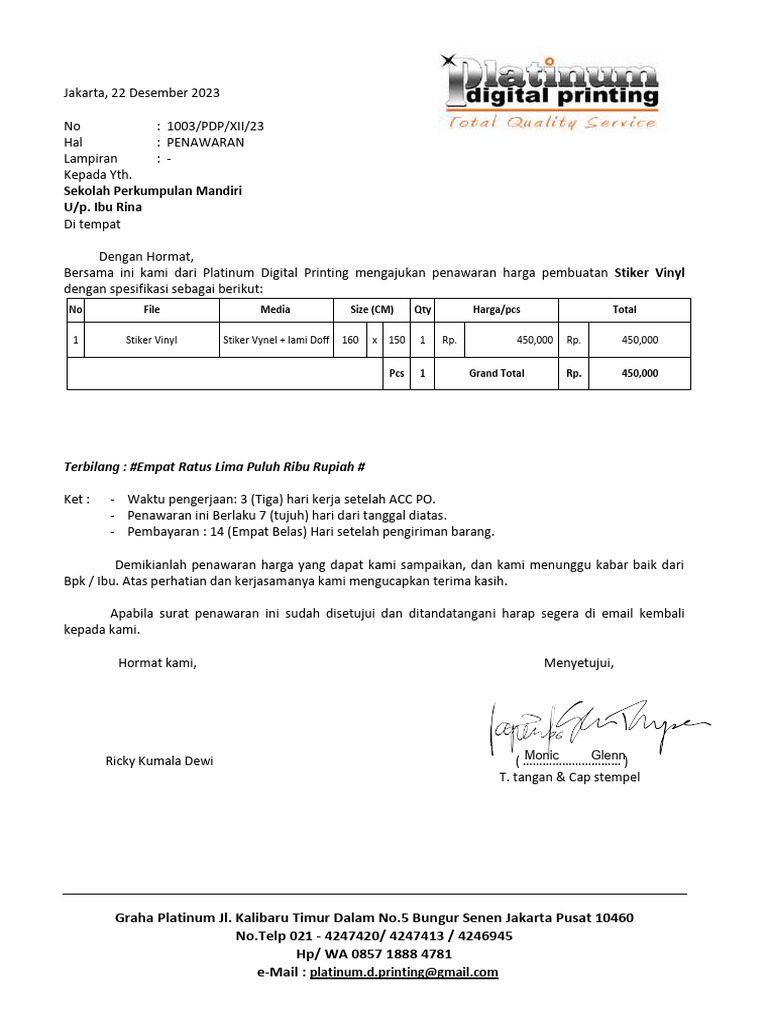 Penawaran Stiker Vinyl Jakarta | PDF