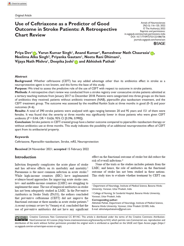 Use of Ceftriaxone As A Predictor of Good Outcome in Stroke Patients ...