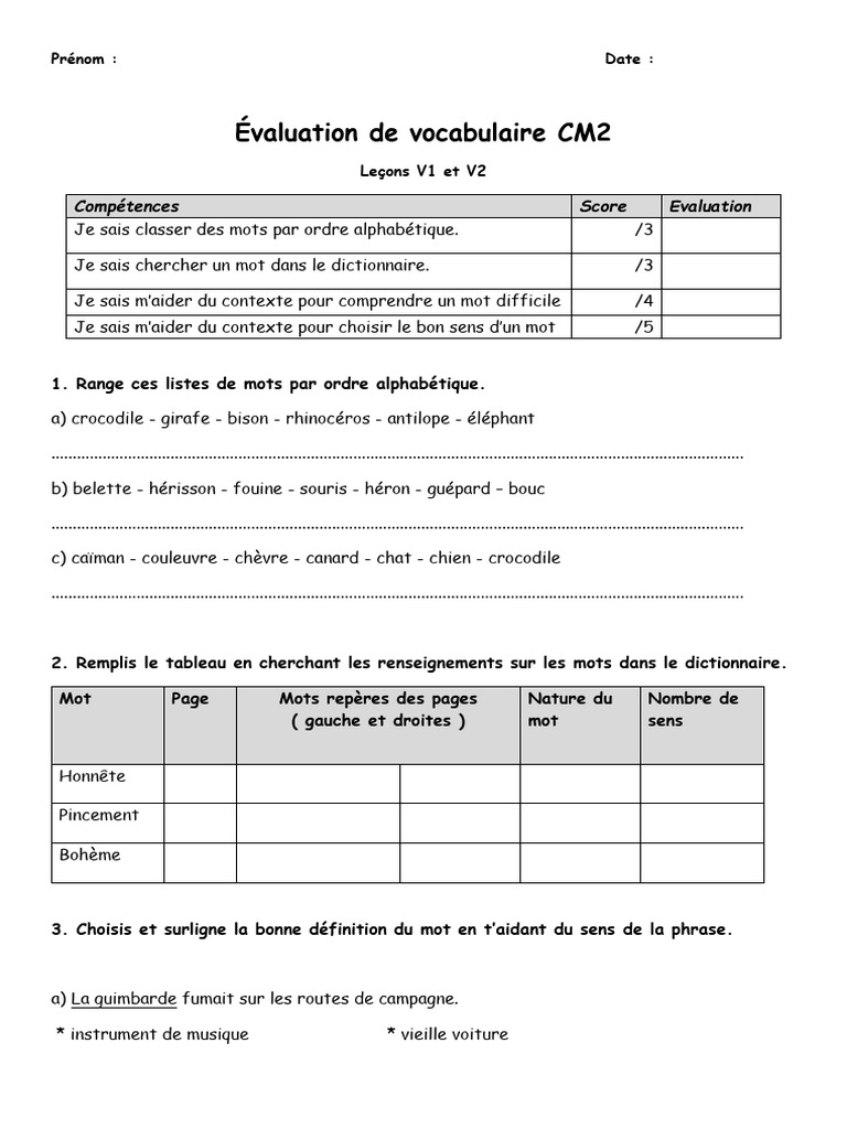 Evaluation Vocabulaire V1 Et V2 | PDF | Arts du langage et discipline