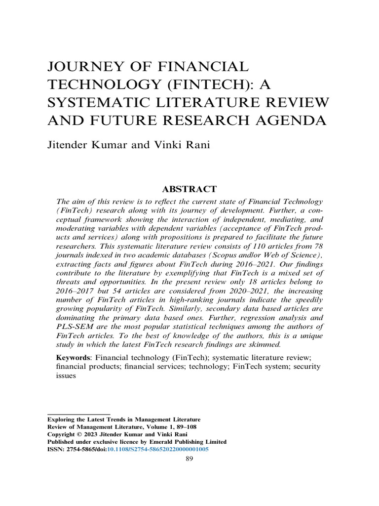 Journey of Financial Technology (Fintech) : A Systematic Literature ...