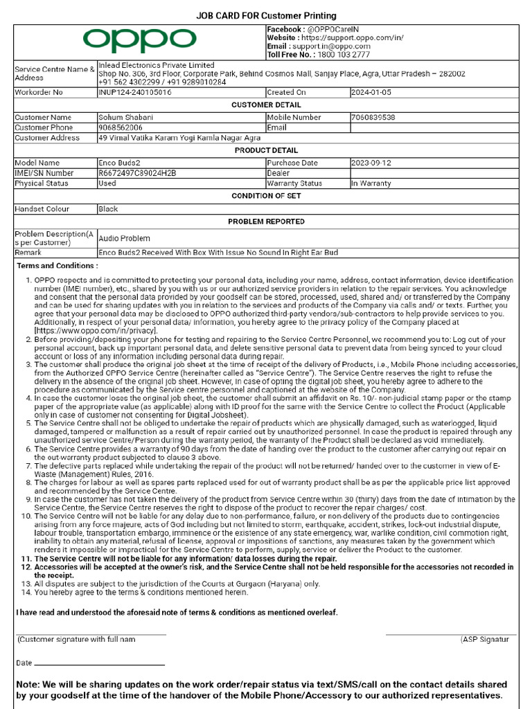 Delivery Receipt From Oppo | PDF