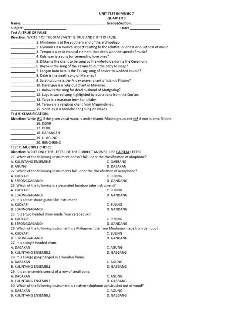 Music Unit Test for Grade 7 Students | PDF