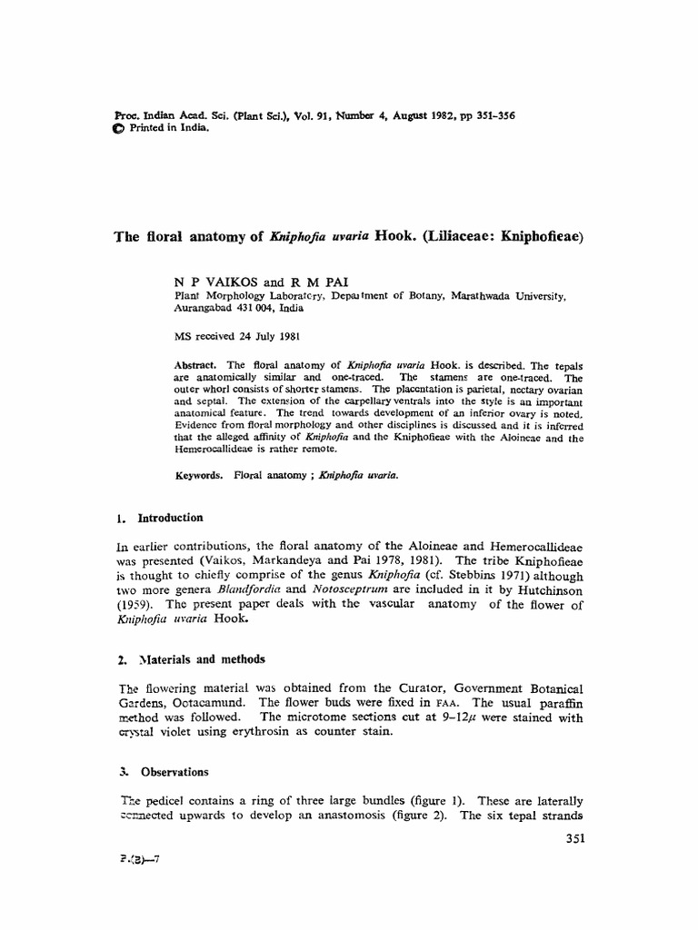 The Floral Anatomy of Knip¡ Uvaria Hook. (Liliaceae: Kniphofieae) | PDF The Floral Anatomy of Knip¡ Uvaria Hook. (Liliaceae: Kniphofieae) | PDF