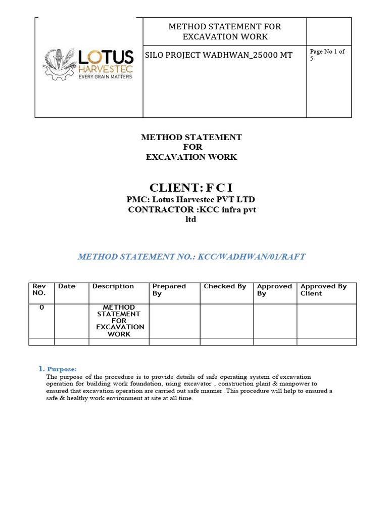 Client: F C I: Method Statement FOR Excavation Work | PDF