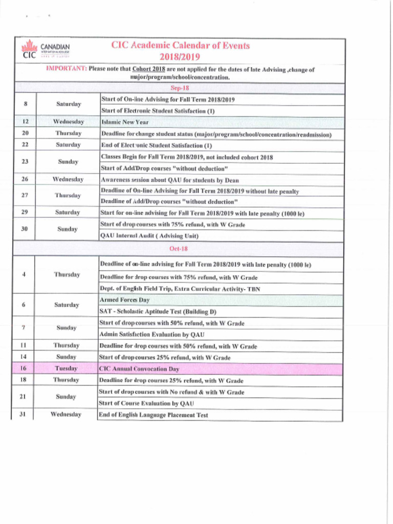 CIC Calendar 2018-2019 | PDF