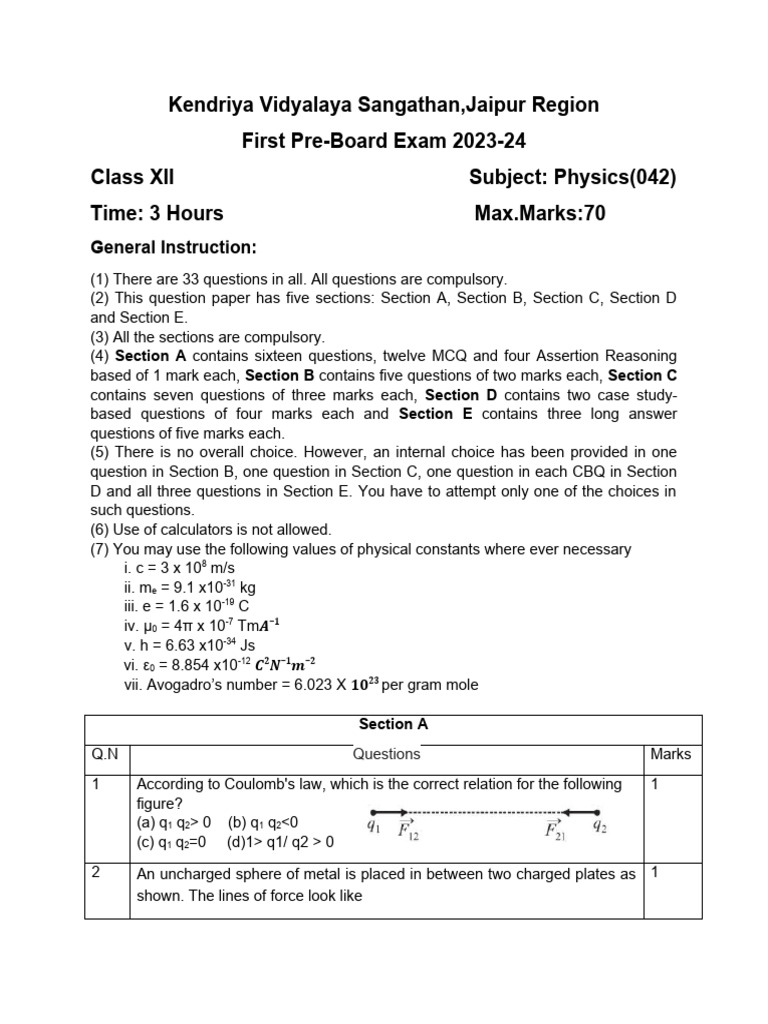 Preboard I Set A Physics 2023 | PDF