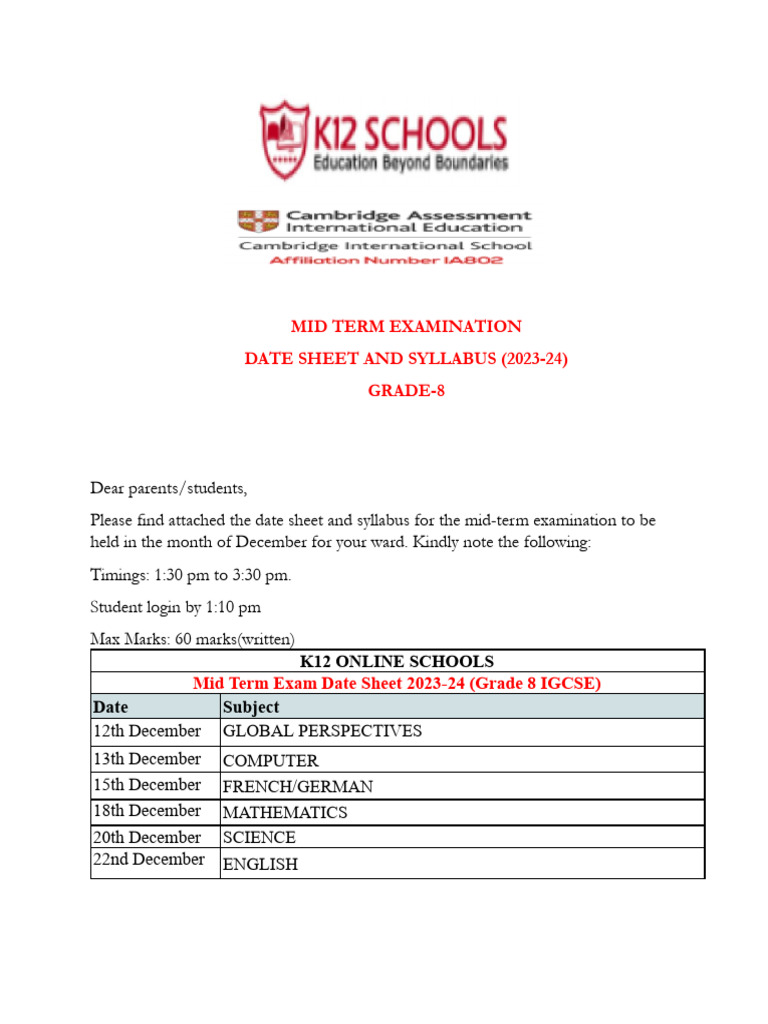 Mid Term Examination Date Sheet and Syllabus (2023-24) Grade-8 | PDF