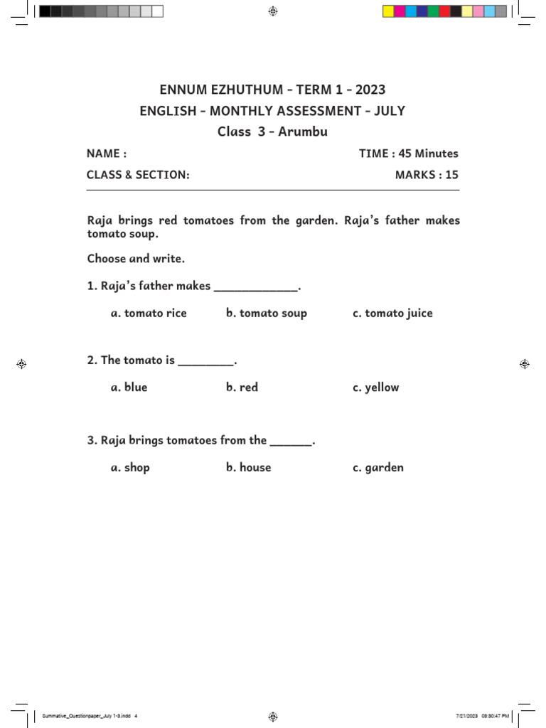 Class - 3 - English - SA - Term 1 - July | PDF