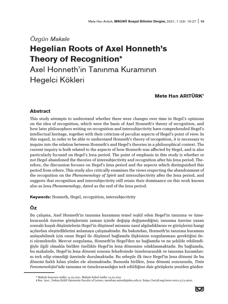 Hegelian Roots of Axel Honneth's Theory of Recognition | PDF