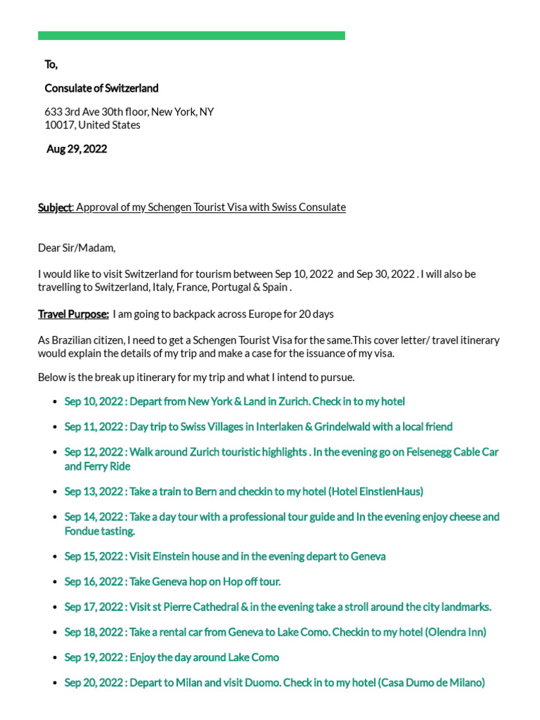Sample Cover Letter For Schengen Visa With Travel Itinerary | PDF