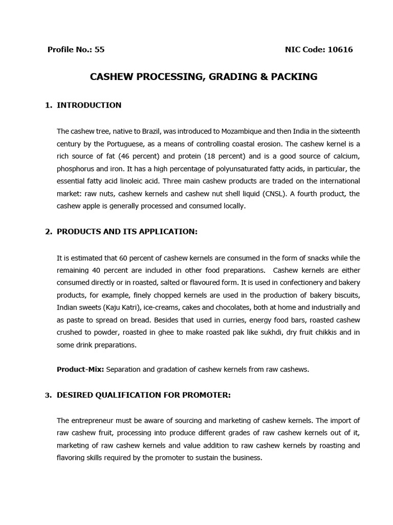 Cashew Processing, Grading & Packing: Profile No.: 55 NIC Code: 10616 ...