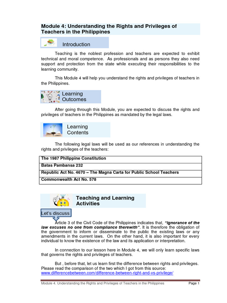 Rights vs Privileges for Teachers in PH | PDF