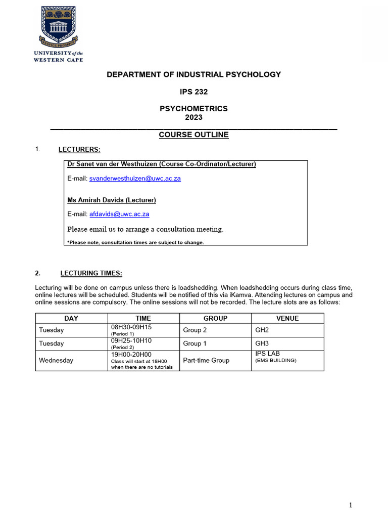 IPS 232 Course Outline 2023 | PDF | Psychometrics | Psychology
