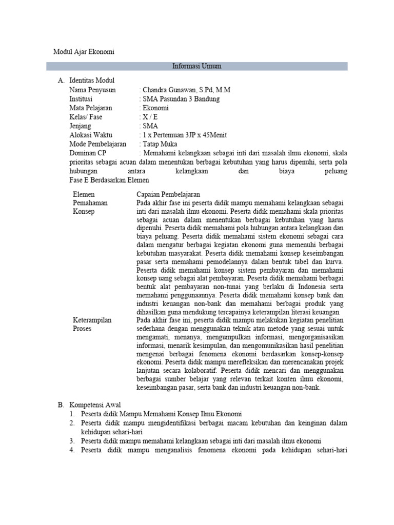 Modul Ajar Ekonomi Kls X Fase E | PDF