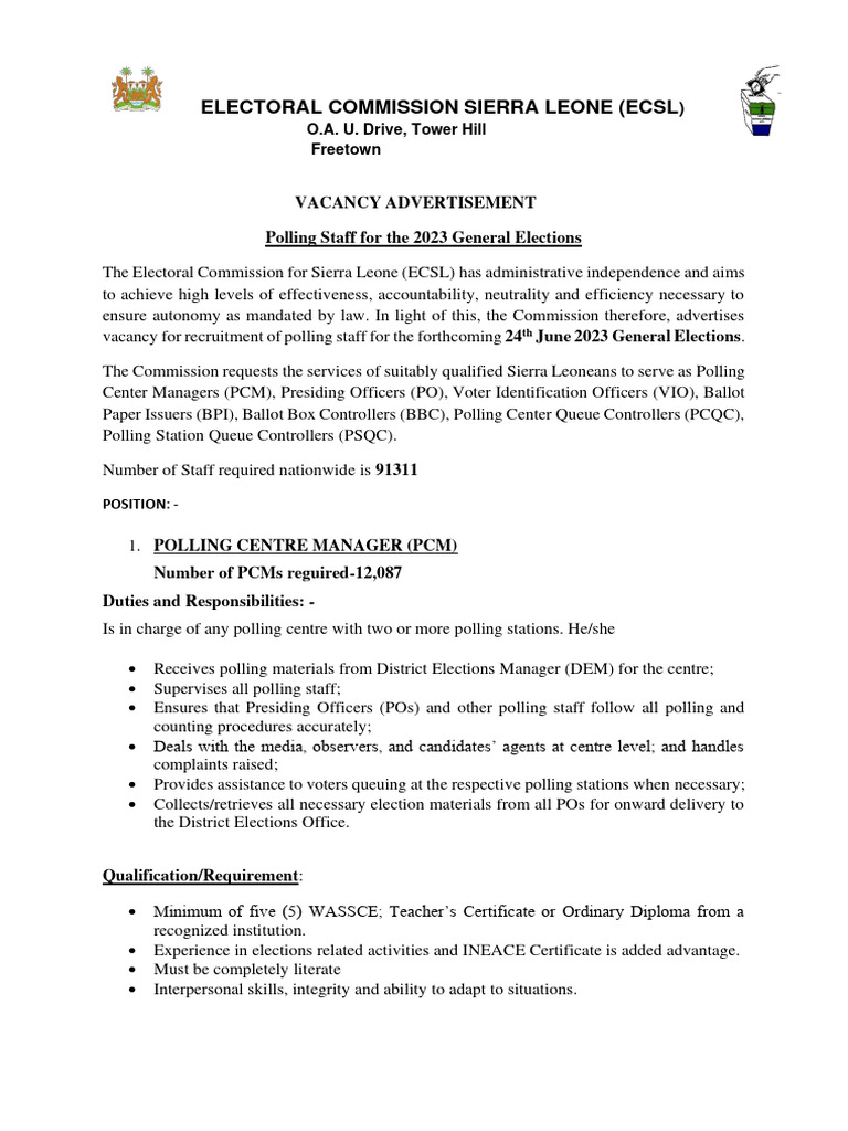 Vacancy Advertisement For Polling Staff - 2023 | PDF