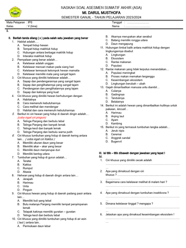Soal IPA MI - Edit 1 Lembar | PDF