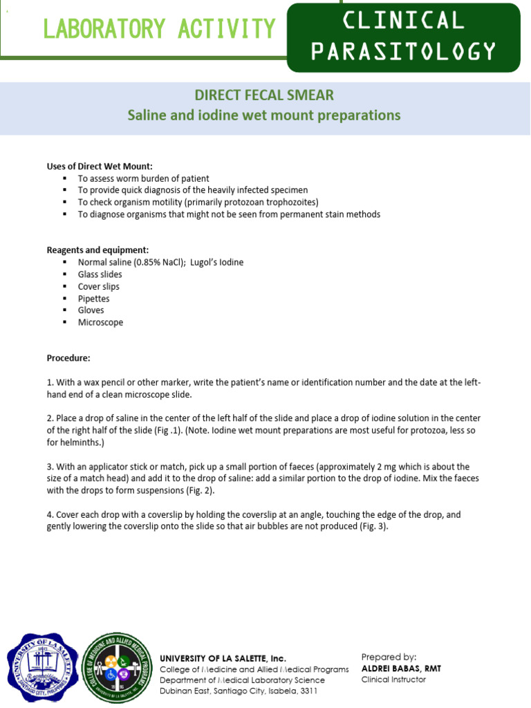PARASITOLOGY LAB PROCEDURE For 2nd Year MLS | PDF