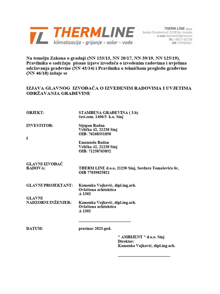 Izjava Izvođača Strojarskih Radova I Radova Vodovode I Kanalizacije | PDF