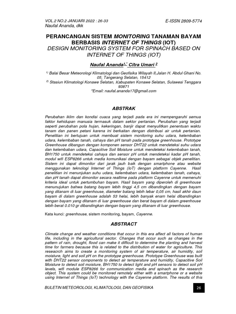 Design Monitoring System For Spinach Based On Internet of Things (Iot ...