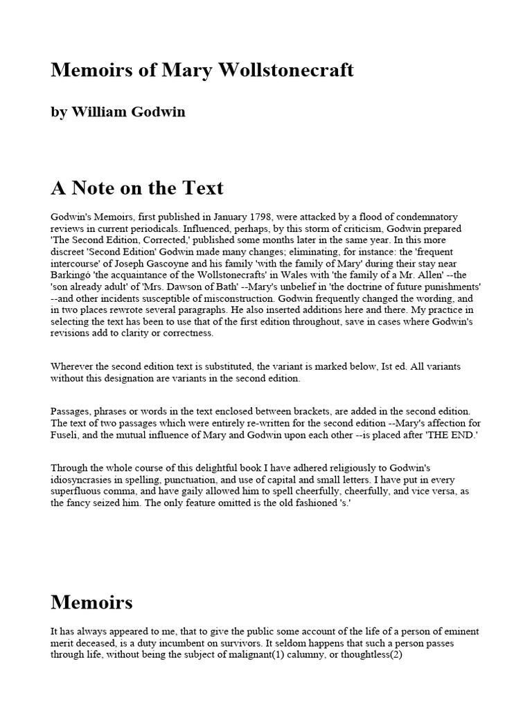Memoirs of Mary Wollstonecraft - William Godwin | PDF | Mary Wollstonecraft