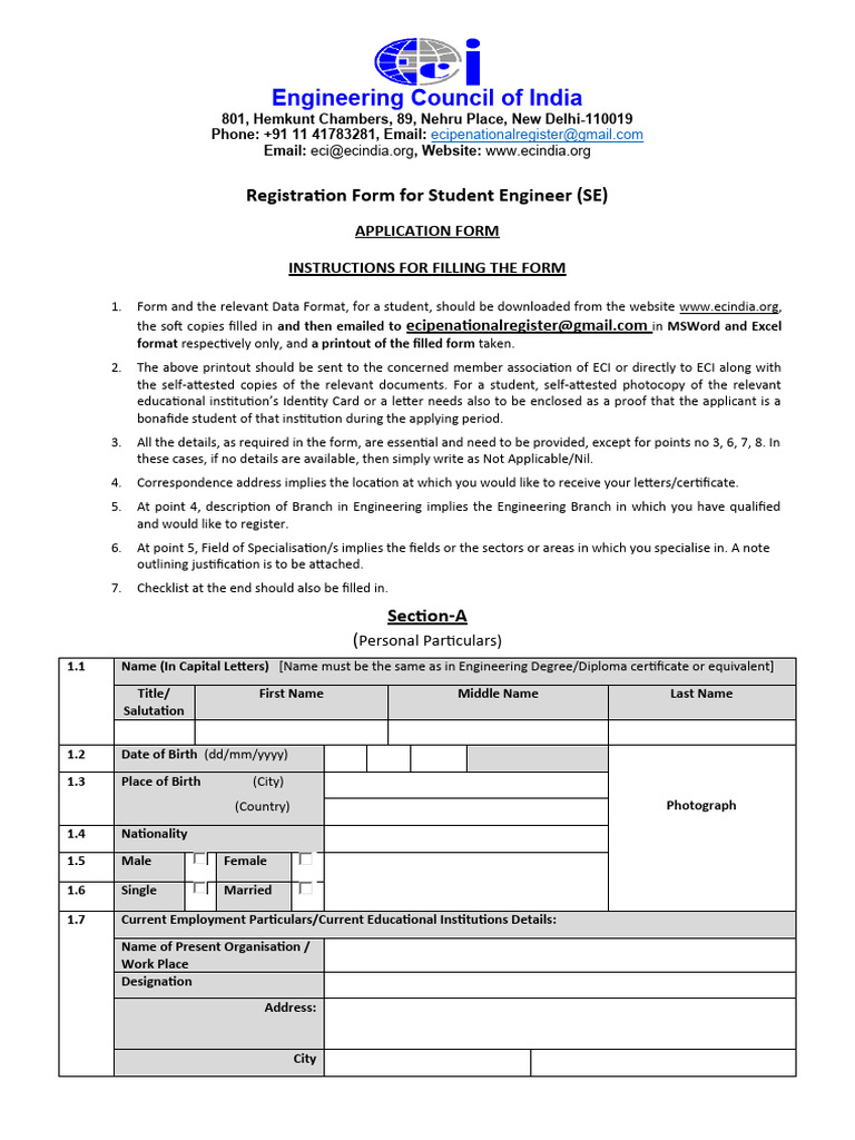 Student Engineer Registration Form | PDF