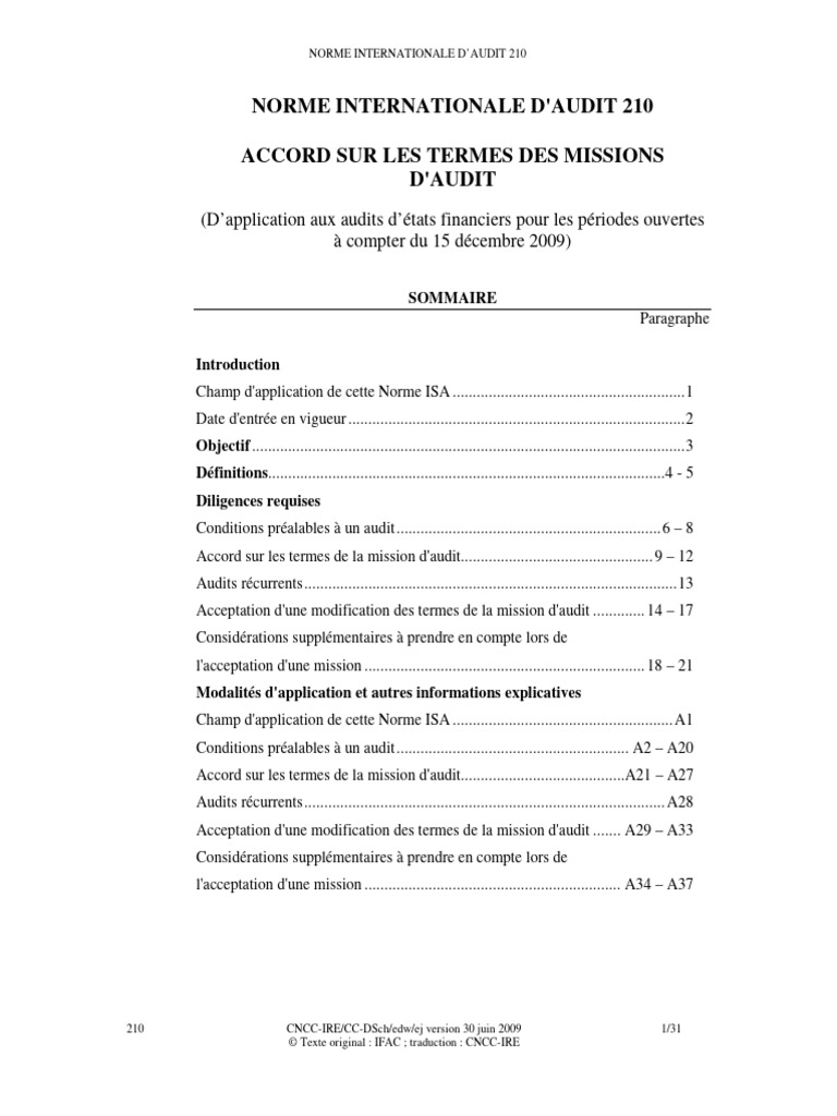 Accord sur les termes d'audit ISA 210 | PDF | Audit | Contrôle interne