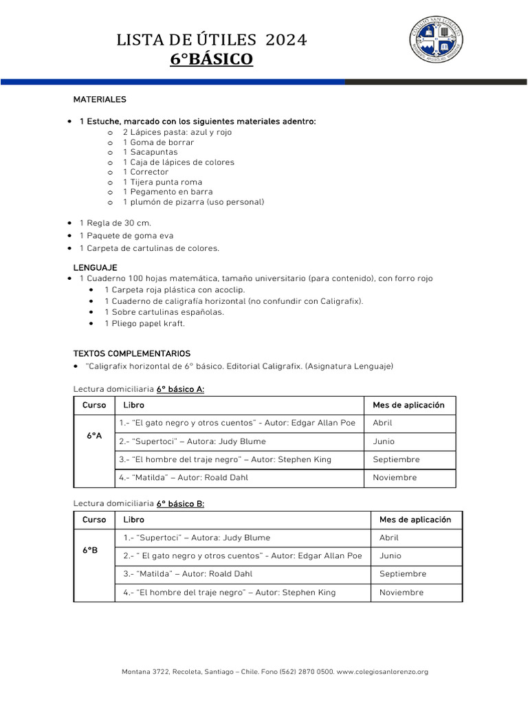 LISTA DE UTILES 6°basico 2024 - DR | PDF