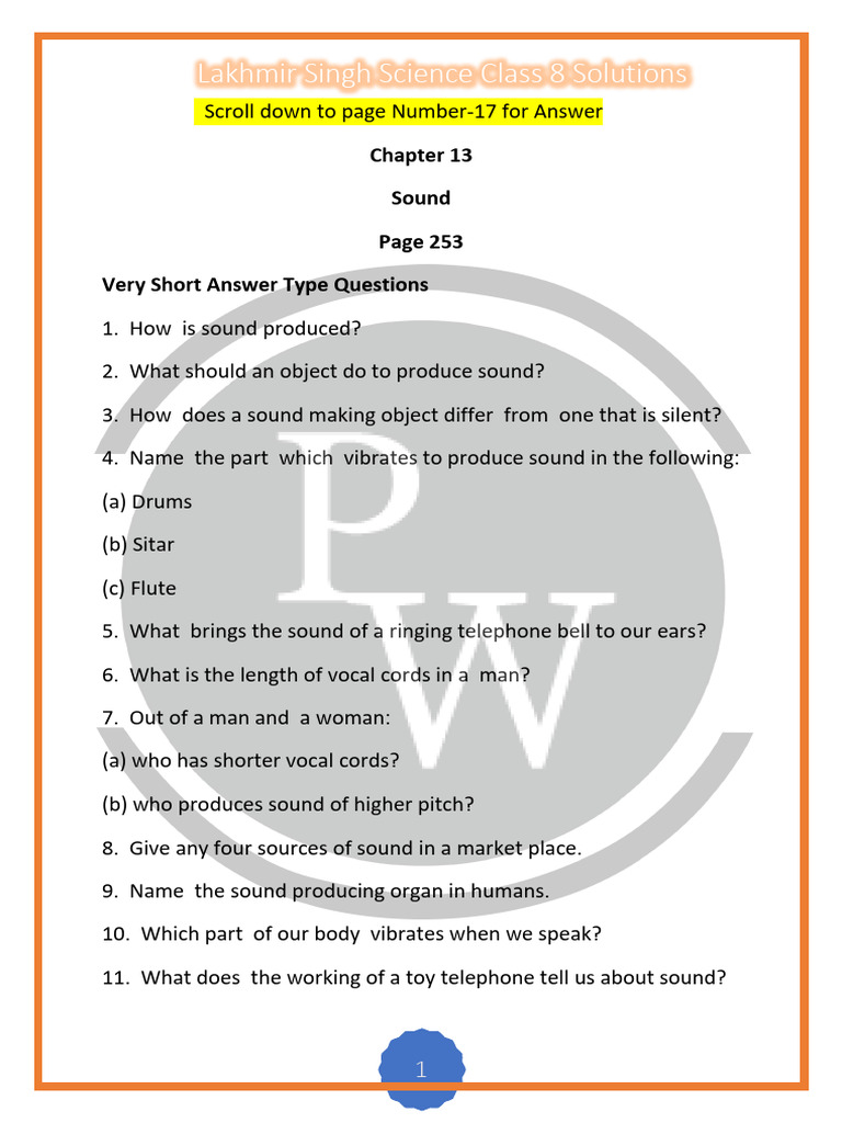 Lakhmir Singh Science Class 8 Solutions: Sound Very Short Answer Type ...