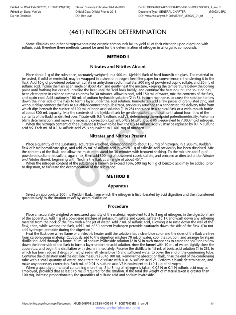 〈461〉 Nitrogen Determination | PDF