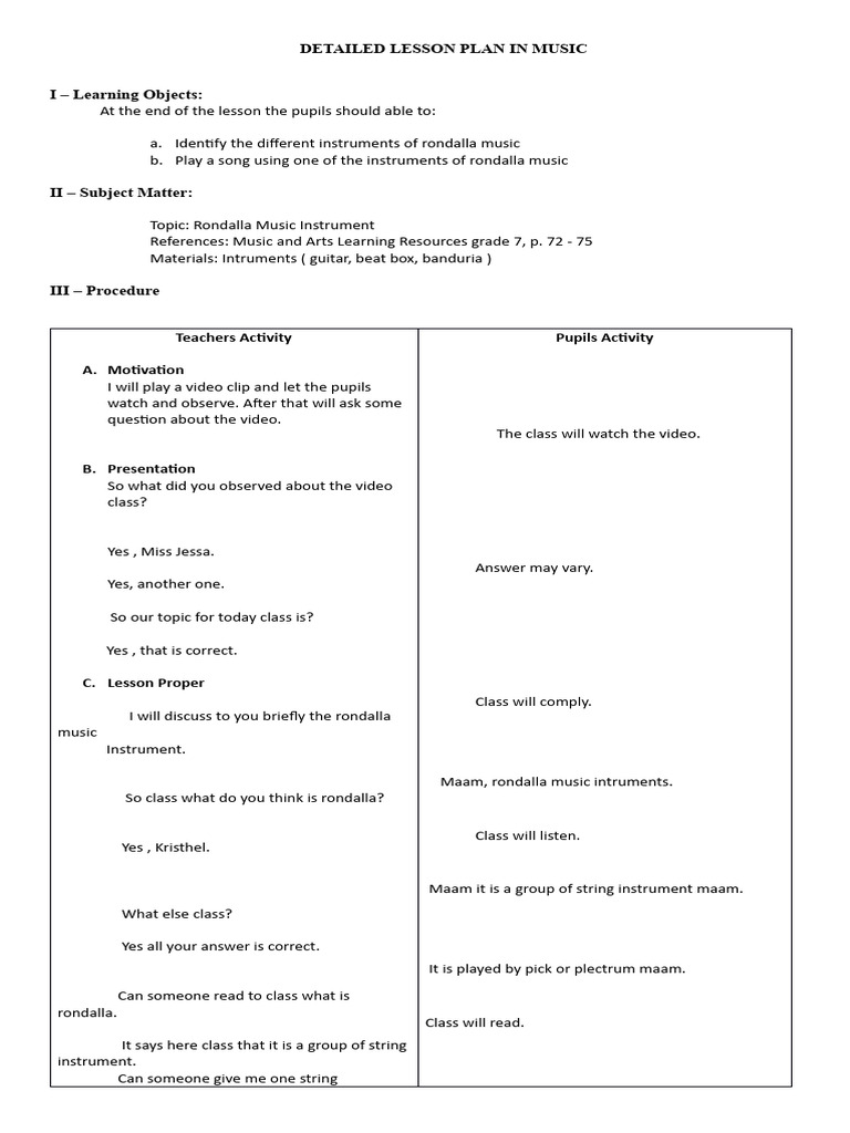 Grade 3 Rondalla Music Lesson Plan | PDF