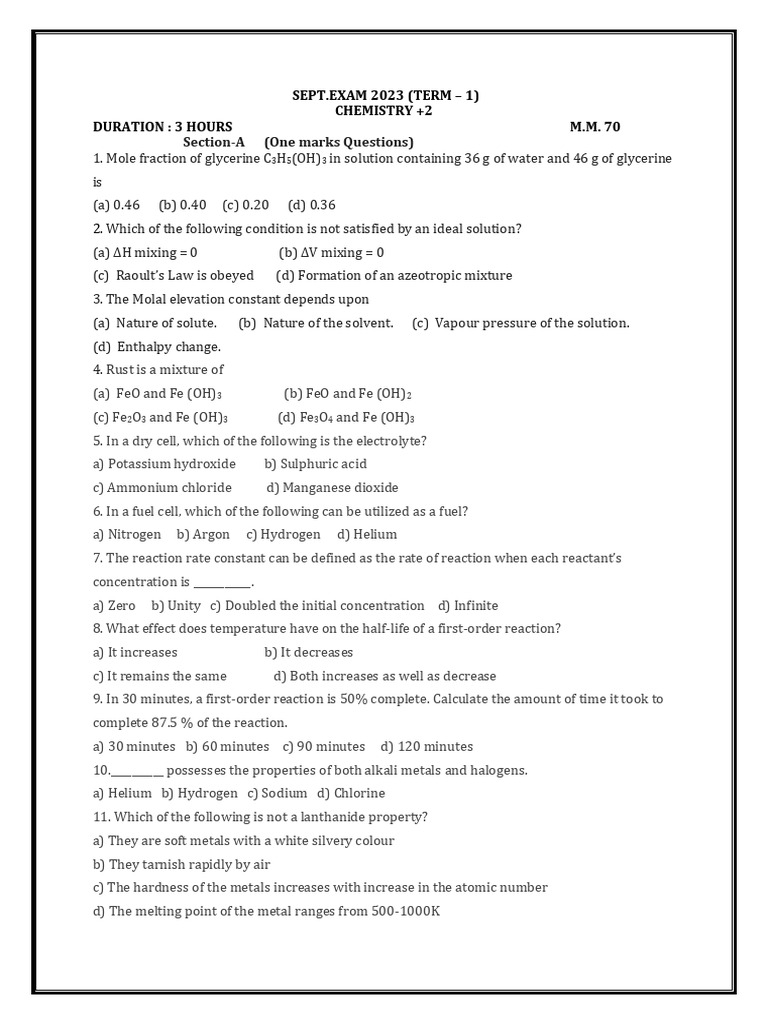 Sept. Test Chemistry +2-1 | PDF