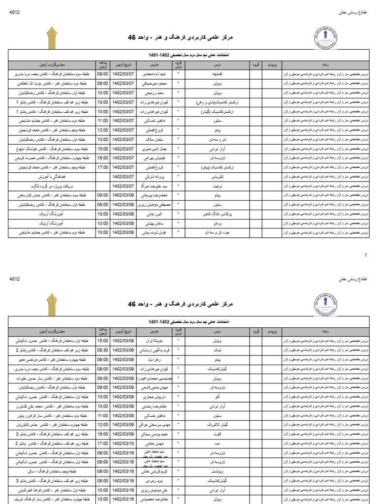 برنامه-امتحانات-عملی-نیم-سال-دوم-سال-تحصیلی-1402-1401 | PDF
