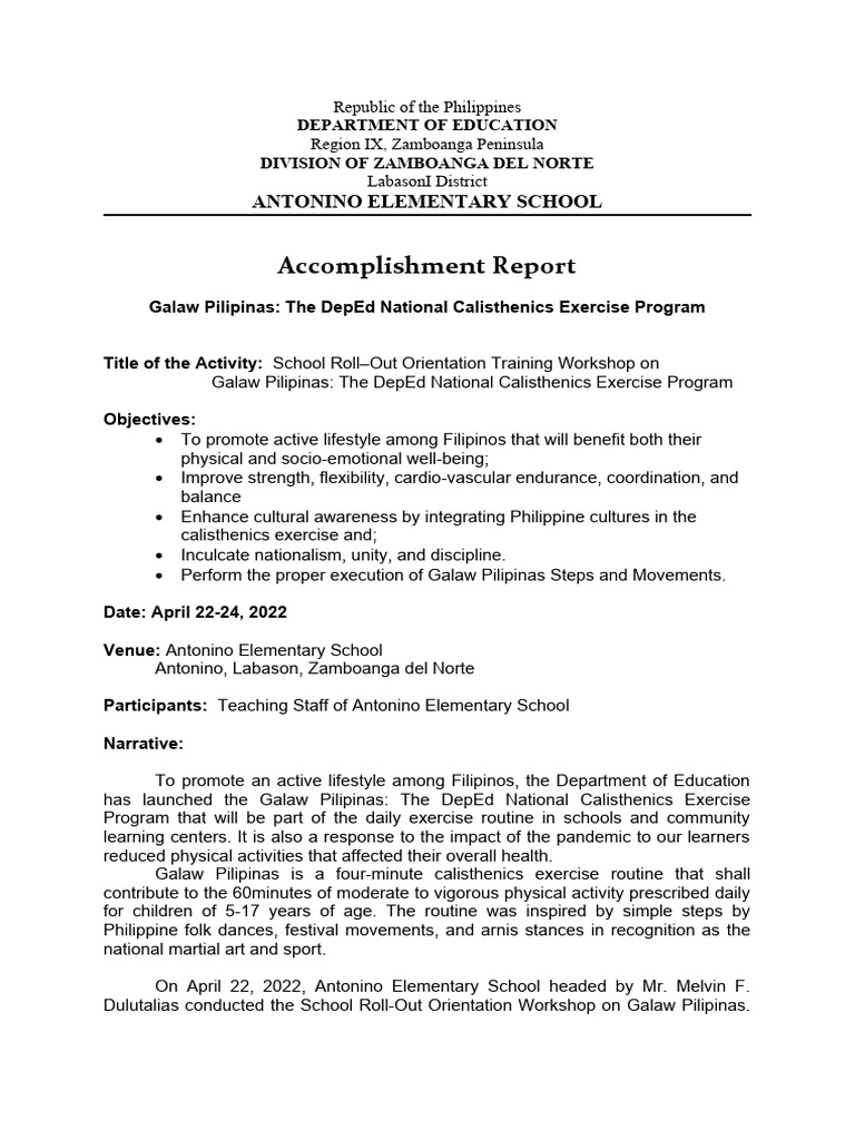 Accomplishment Report On Galaw Pilipinas District Orienattion | PDF