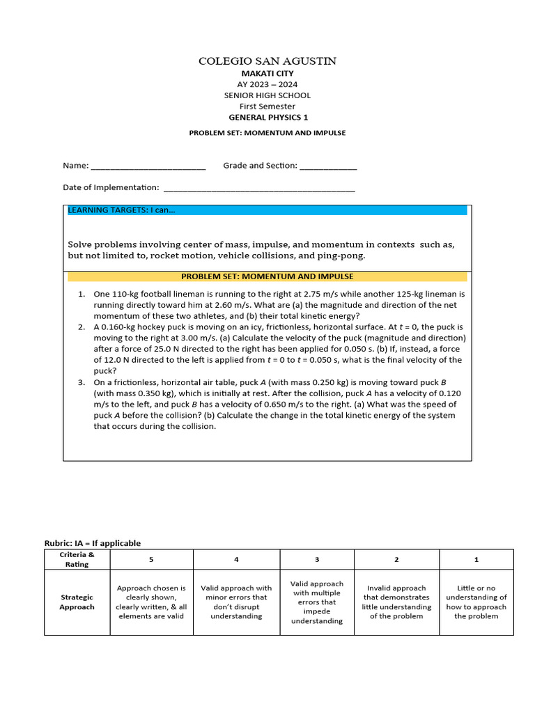 Problem Set Momentum and Impulse | PDF