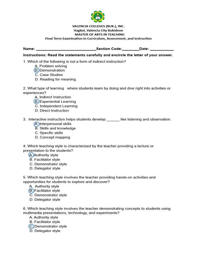 EDUC 204 Final Term Exam - Curriculum Assessment and Instructiont | PDF | Career & Growth