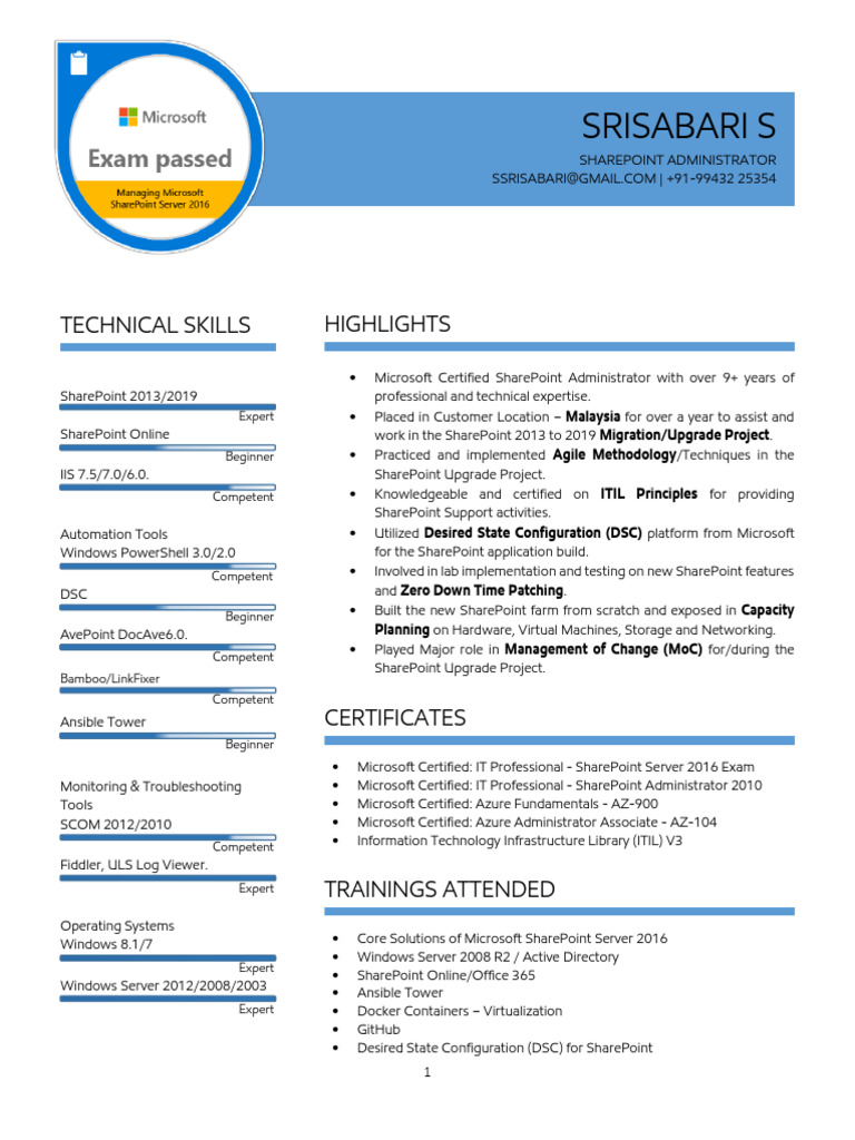 SharePoint Admin Skills & Experience | PDF | Share Point | Computer ...