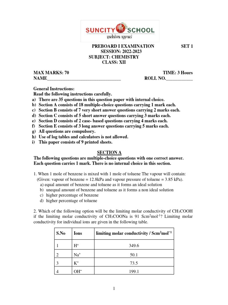 PB Chem GR XII SET 1 2022-23 | PDF