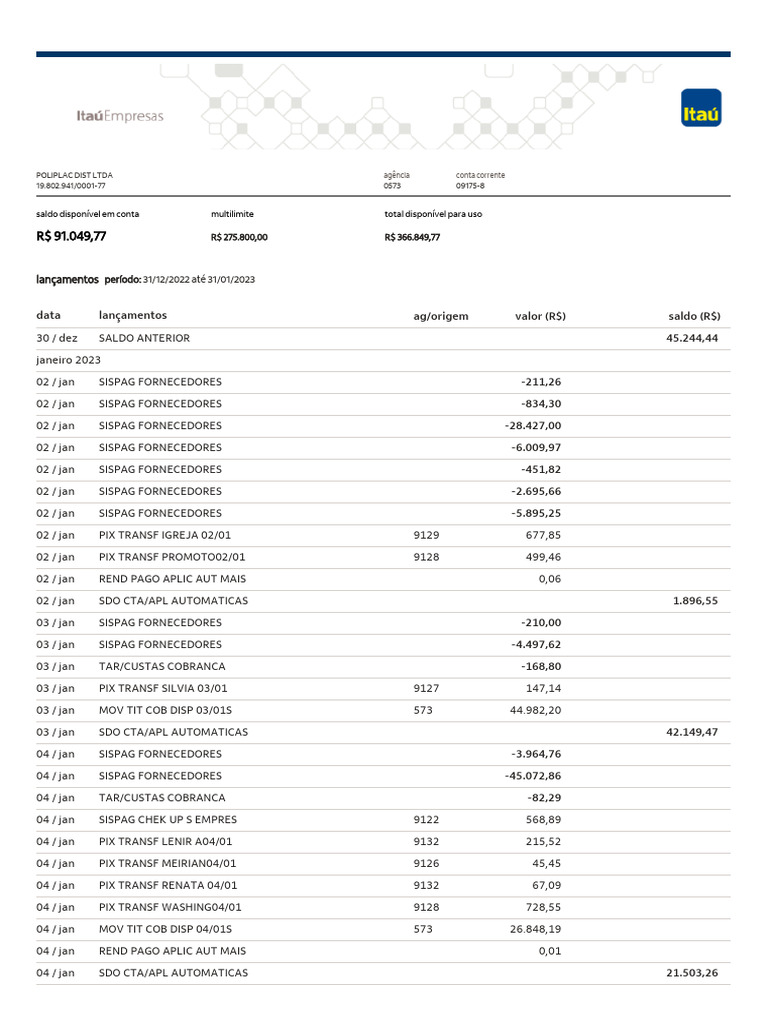 Extrato - 0573-091758-02-02-2023 - ITAU PDF | PDF