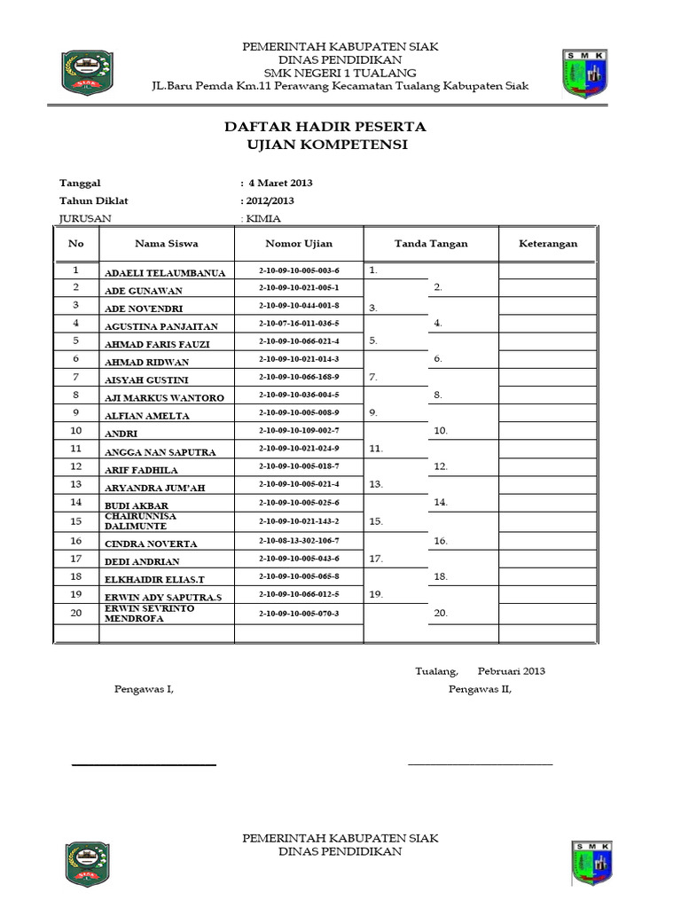Daftar Hadir Siswa Try Out | PDF