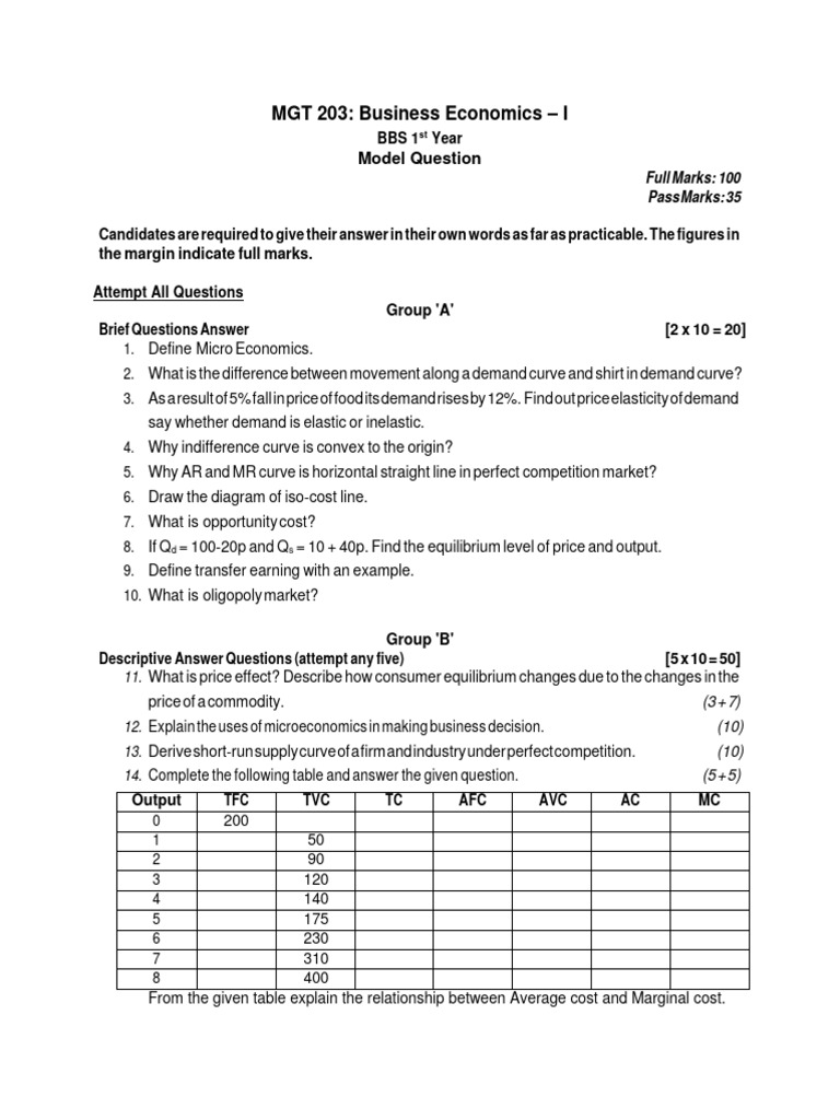 Business Economics Model Questions | PDF