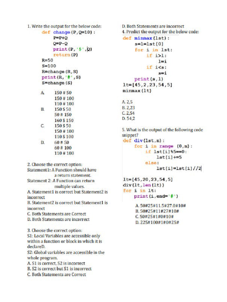 Functions MCQ Worksheet - 7 | PDF