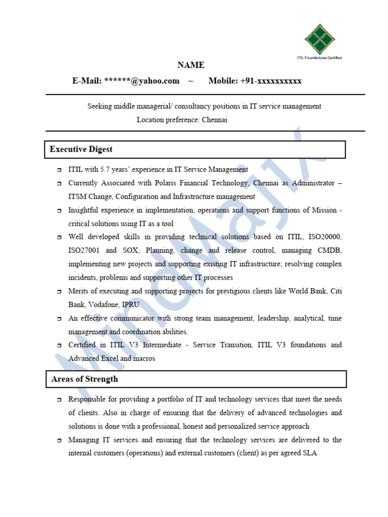ITIL Sample Resume 2 | Download Free PDF | It Service Management | Computing