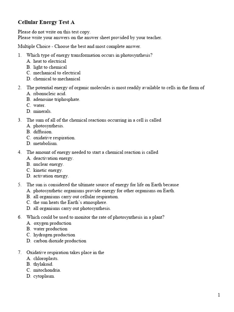 Cellular Energy Test A | PDF