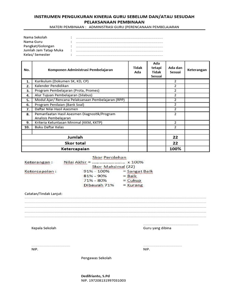 Form Instrumen Supervisi Administrasi Guru, Kepsek | PDF