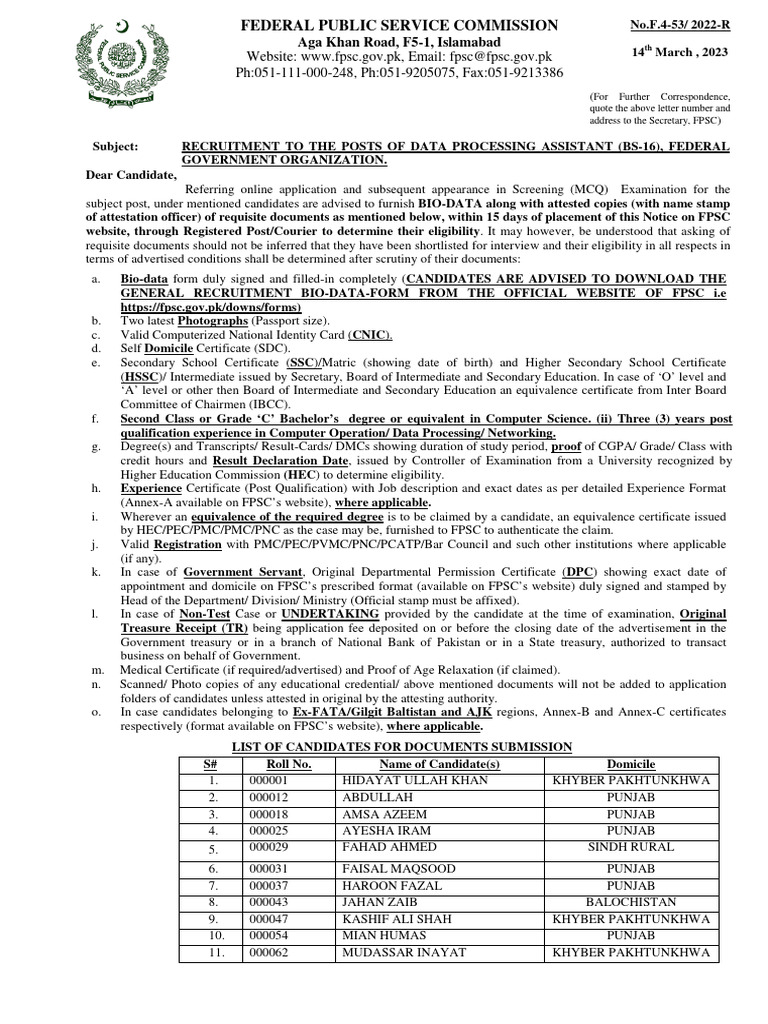 FPSC Data Processing Fgo List | PDF