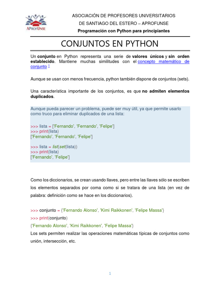 Conjuntos en Python y eliminación de duplicados | PDF