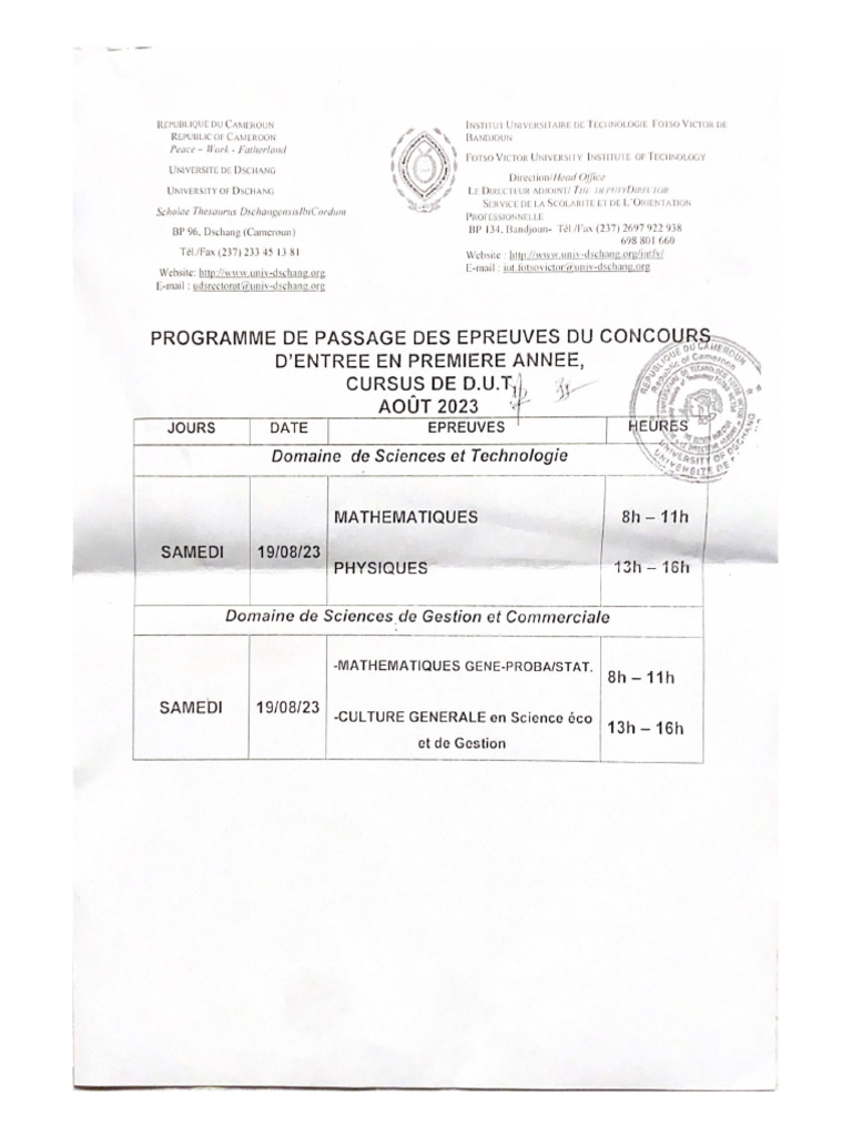 Programme de Passage Des Épreuves Concours Dut | PDF