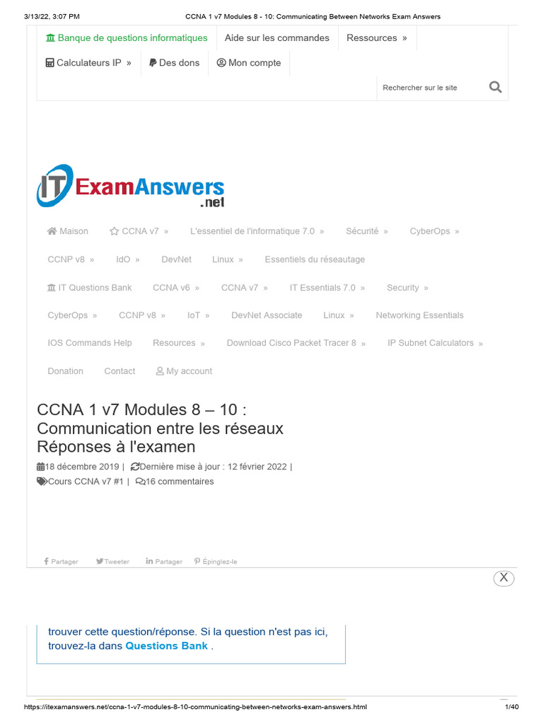 CCNA 1 v7 Modules 8 - 10 - Communicating Between Networks Exam Answers | PDF
