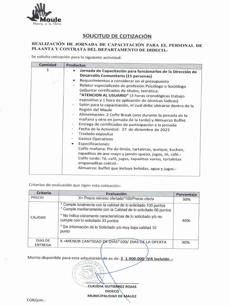 SOLICITUD DE COTIZACION JORNADA DE CAPACITACION DIDECO (1) | PDF
