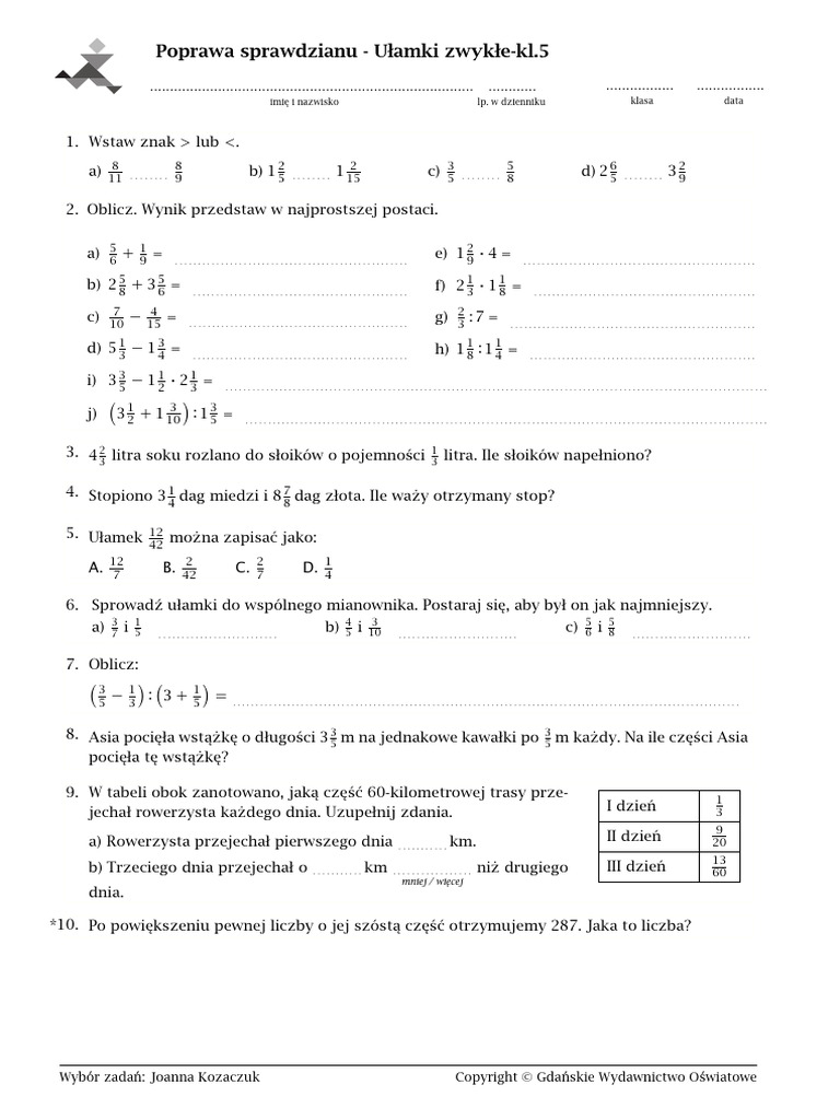 Poprawa spr. Ułamki zwykłe -kl.5 | PDF
